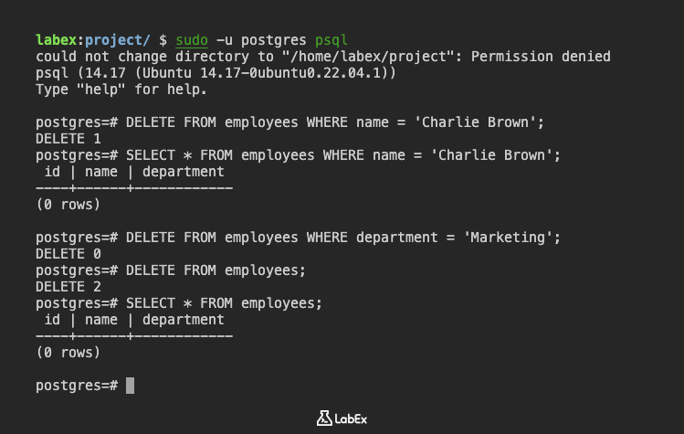 Operaciones básicas de datos en PostgreSQL | LabEx