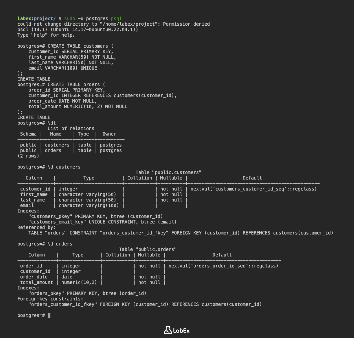 Postgresql 관계 및 조인 데이터베이스 쿼리 마스터 Labex