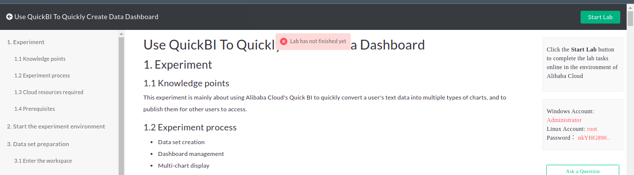 Alibaba Quick BI Charts when Start Lab Has not Finished Yet | LabEx